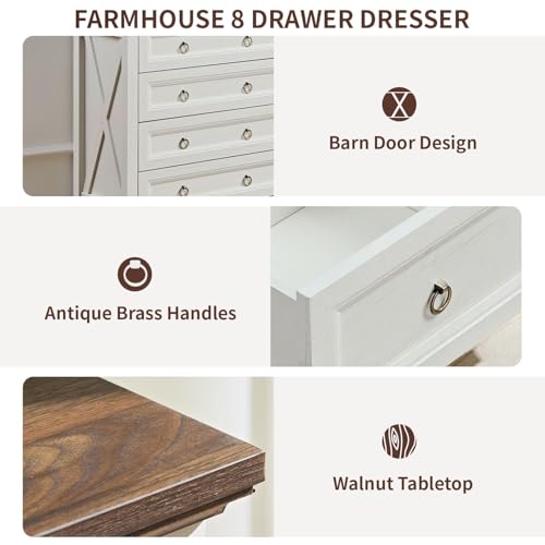 8 Drawer Dresser for Bedroom, 54" Farmhouse Dresser, Rustic Chest of Drawers, White Dresser with Barn Design, Thickened Tabletop & Round Bronze Handles, Wood Dresser for Closet, Bedroom Dressers