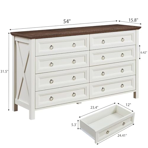 8 Drawer Dresser for Bedroom, 54" Farmhouse Dresser, Rustic Chest of Drawers, White Dresser with Barn Design, Thickened Tabletop & Round Bronze Handles, Wood Dresser for Closet, Bedroom Dressers