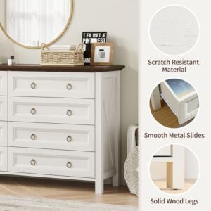 8 Drawer Dresser for Bedroom, 54" Farmhouse Dresser, Rustic Chest of Drawers, White Dresser with Barn Design, Thickened Tabletop & Round Bronze Handles, Wood Dresser for Closet, Bedroom Dressers