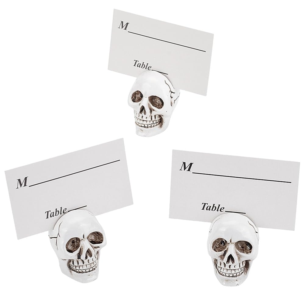 AHANDMAKER 3 pcs Skull Table Card Holder Clip for Cards on The Table Top Resin Skull Table Number Holder, Spooky Desktop for Party Graveyard Halloween Decoration