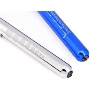 BEAHING Set of 2 LED Tablet Pen Lights with Pupil Gauge Nurse Penlight Doctor Flashlight - Blue and Silver