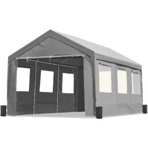 advance outdoor 10'x20' heavy duty adjustable height carport with 6 roll-up ventilated windows & removable sidewalls car canopy garage boat shelter party tent, peak height from 9.5ft to 11ft, grey