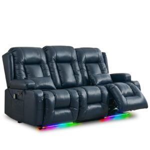 IPKIG Power Loveseat Recliner - 76.8" Reclining Loveseat 3-Seater Recliner Sofa with 4 Colors LED Strip, AC Outlets, USB-A/C Ports and Cup Holders for Living Room Home Theater (Blue, 3-Seater)