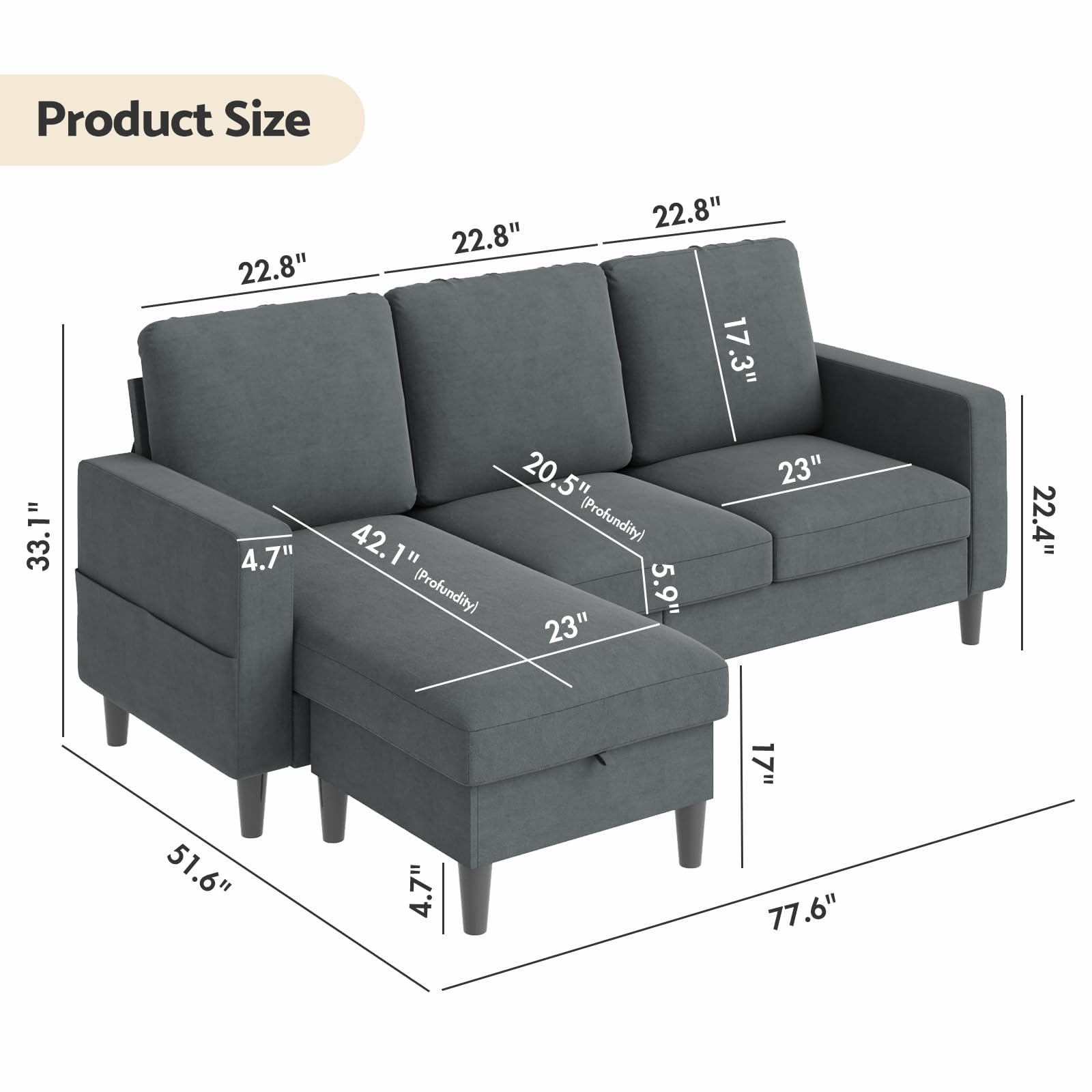 smilesun Convertible Sectional Sofa Couch, L Shaped Couch with Reversible Chaise, 3 Seat Sofa with Storage Ottoman,Modular Couches for Living Room, Small Space (Charcoal Grey 77.6'')