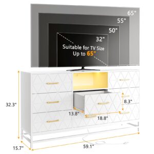 Patikuin 8 Deep Drawer White Dresser for Bedroom with Charging Station and LED Lights, 59" TV Dresser Wooden Large Long Dresser, Modern Chest of Drawers Storage Organizer for Closet, Living Room