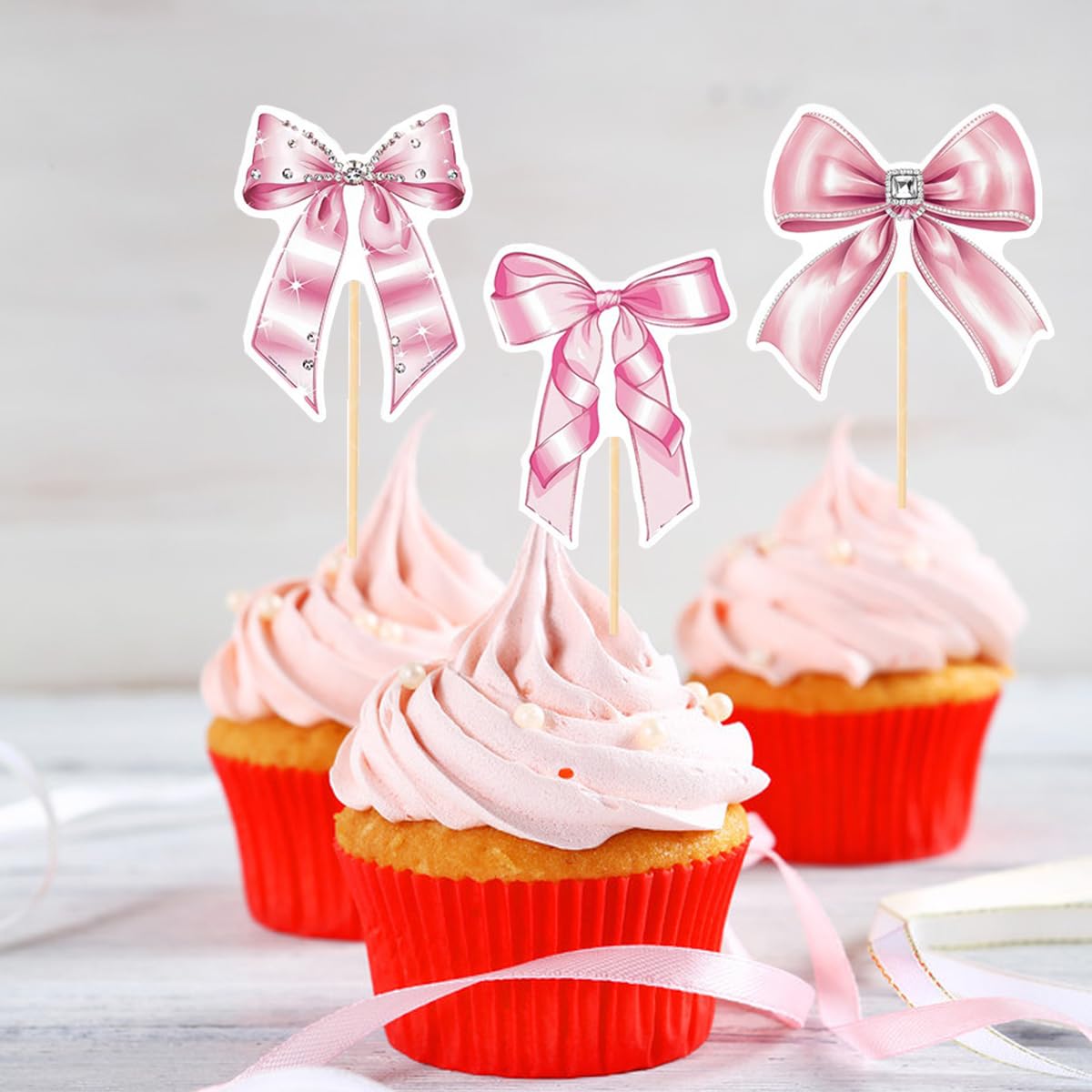 SAMOKA Pink Bow Cupcake Toppers,24 PCS Bow Birthday Cake Topper,Girls Birthday Party Decorations,Bowknot Cupcake Decorations for Bridal Baby Shower Birthday Wedding Themed Party