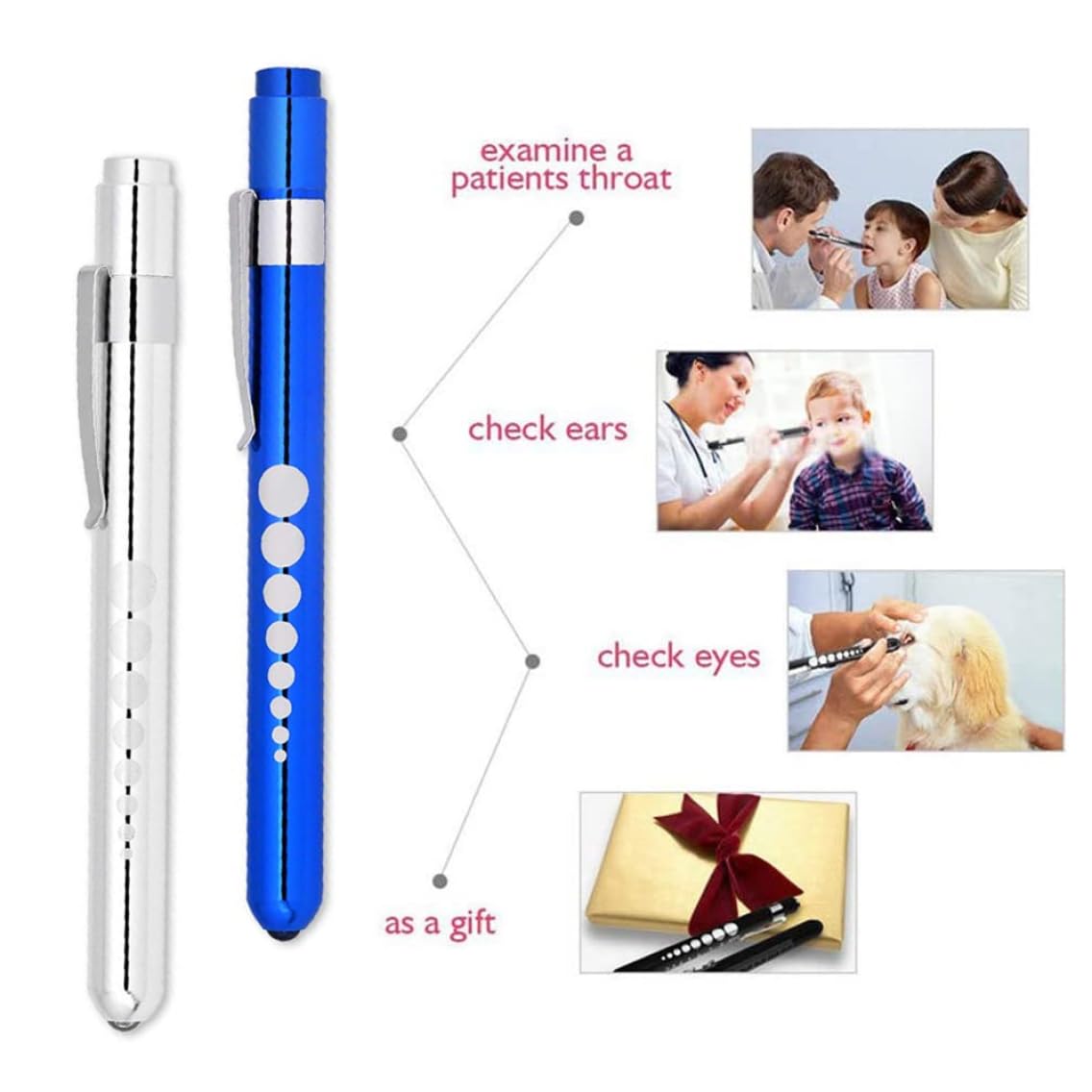 BEAHING Set of 2 LED Tablet Pen Lights with Pupil Gauge Nurse Penlight Doctor Flashlight - Blue and Silver