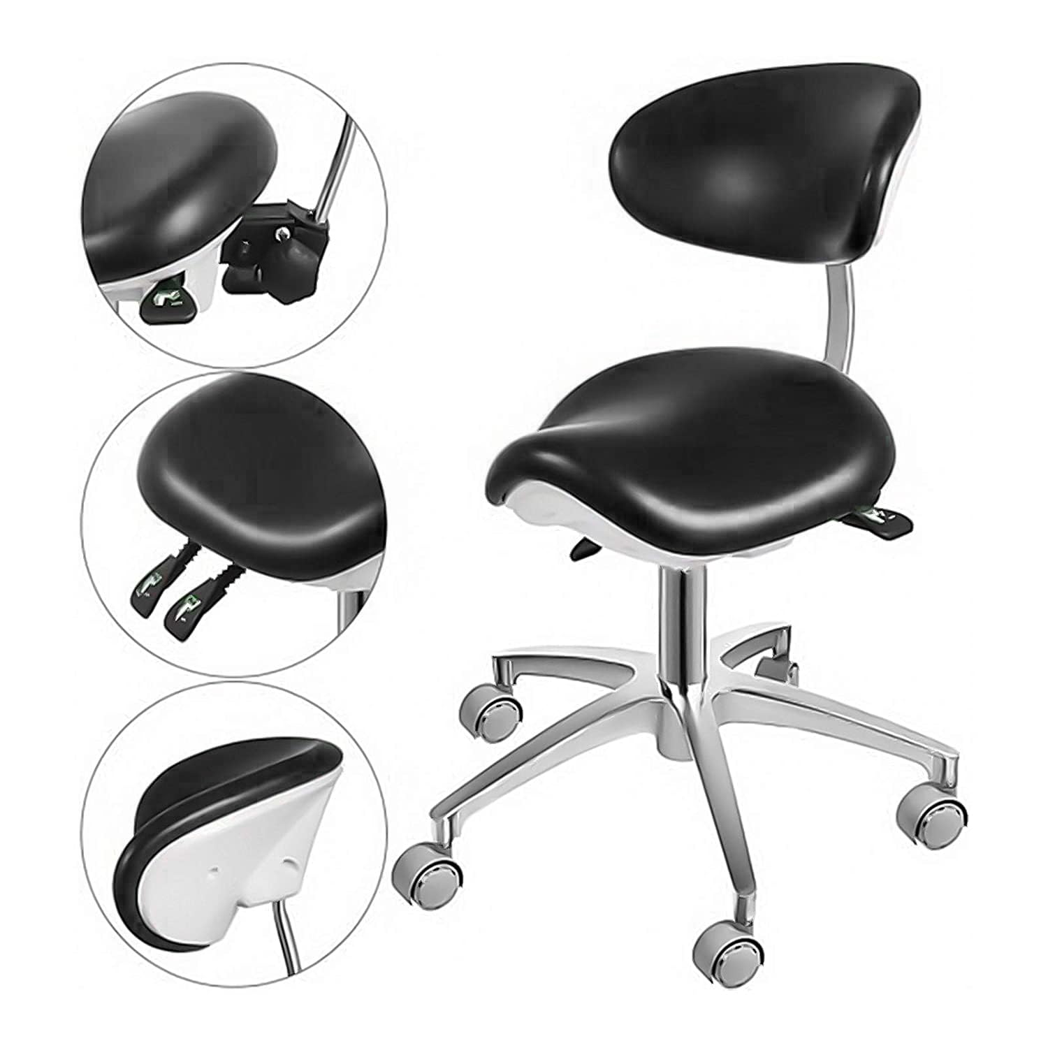 Kurtvenid Standard Moblie Dental Saddle Chair Doctor's Stool PU Leather Backrest and Height Adjustable Black