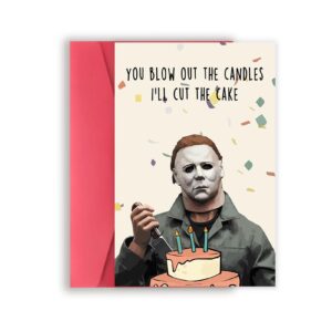 missonemi creepy michael myers birthday card, funny horror movies killer bday greeting card, happy halloween birthday gifts cards, mike myers birthday decorations, you blow out the candle