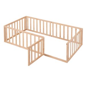 Bellemave Twin Floor Bed with Fence and Door, Kids Montessori Floor Bed Without Slats, Cute Montessori Bed for Kids, Girls, Boys, Wodd Floor Bed(Natural Twin)