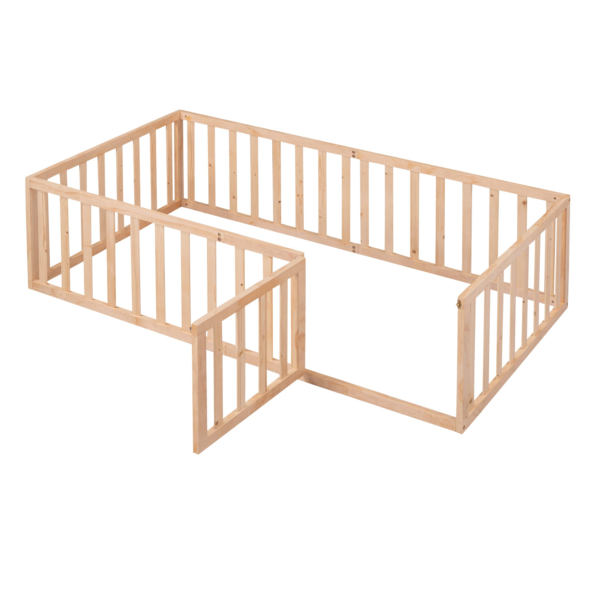 Bellemave Twin Floor Bed with Fence and Door, Kids Montessori Floor Bed Without Slats, Cute Montessori Bed for Kids, Girls, Boys, Wodd Floor Bed(Natural Twin)