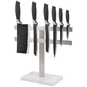 bathace magnetic knife block holder stand with marble base for countertop, stainless steel knife rack with strong enhanced magnets strip for kitchen utensil and tool organizers, brushed nickel