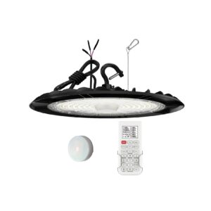 hylele ufo led high bay shop light 200w/150w/100w adjustable 6000k/5000k/4000k dimmable commercial bay lighting 100-277v plug&play, microwave motion sensor with remote control