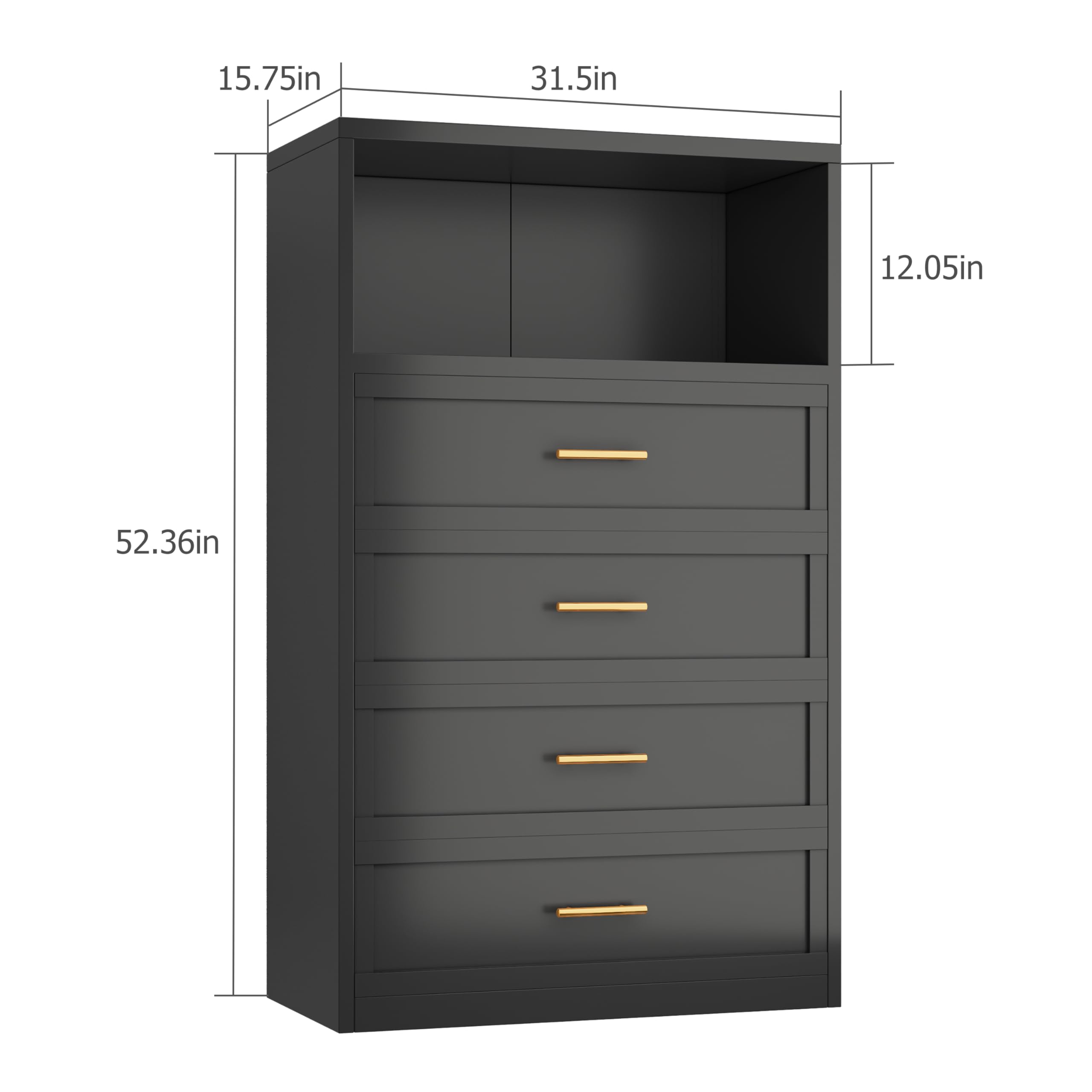 RISTERN 4-Drawer with Hollow Metal Dresser for Bedroom, Closet Dressers Chest with Fluted Panel, Tall Wide Dresser, Large Storage Space for Bedroom, Living Room, Black, 15.75" D x 31.5" W x 52.44" H