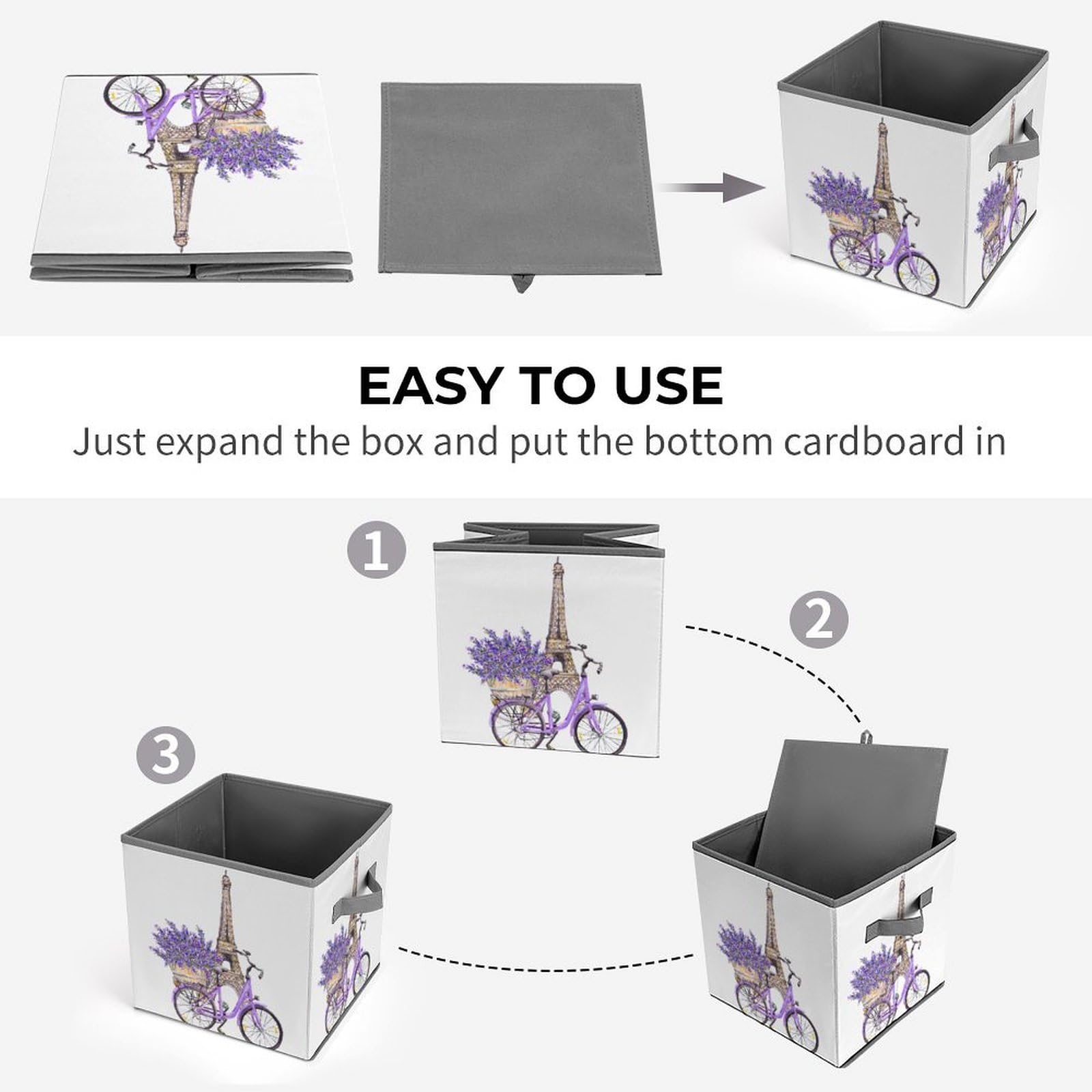 GemGam Collapsible Storage Bins for Shelves Clothes Closet Lavender Eiffel Tower Fabric Storage Containers Box with Double Handles Decorative 11 Inch Spring Bicycle