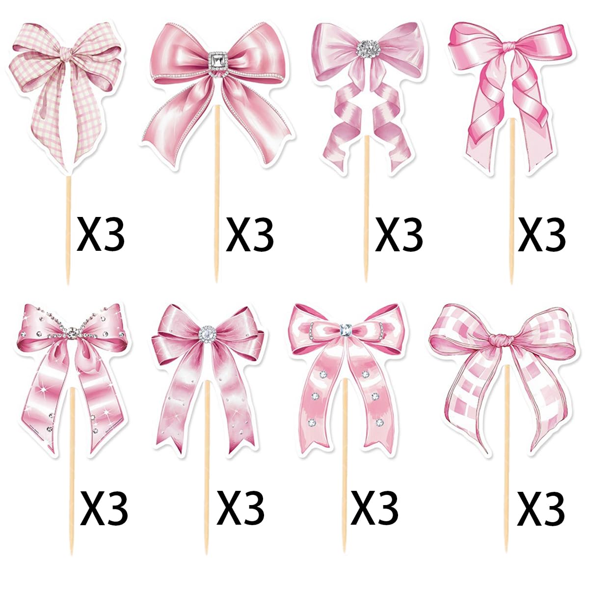 SAMOKA Pink Bow Cupcake Toppers,24 PCS Bow Birthday Cake Topper,Girls Birthday Party Decorations,Bowknot Cupcake Decorations for Bridal Baby Shower Birthday Wedding Themed Party