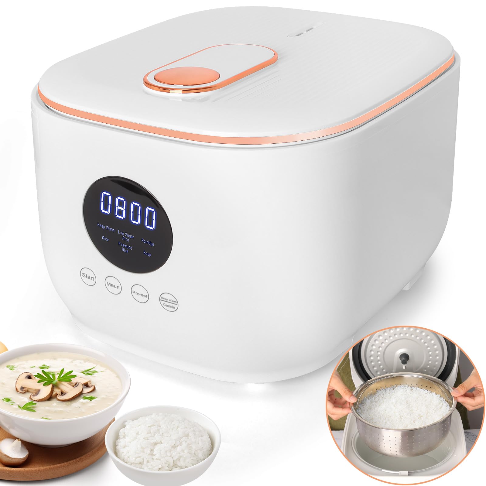 Small Low Carb Rice Cooker 6 Cup, Electric Mini Rice Cooker with Steamer Basket, Smart Rice Cooker Reducing Sugar (White)