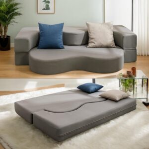 puremind 2-in-1 queen folding floor sofa bed, fold out floor sleeper sofa couch bed for living room/guest room/home office/van trip light grey