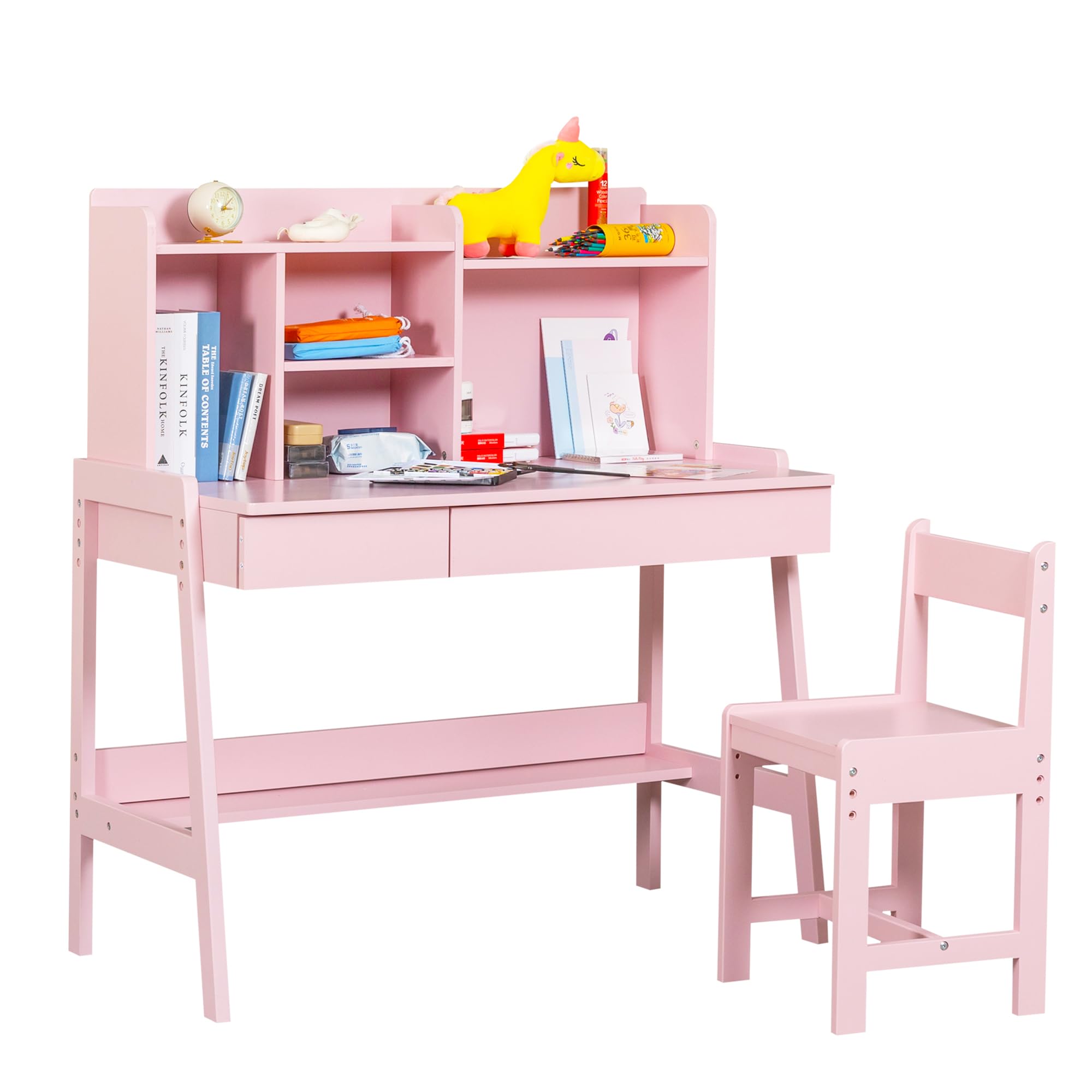 SANYOAC Adjustable Height Kids Desk and Chair Set 5-8 Year Old, Wooden Study Table for Kids, Student Study Desks Art Desk for Bedroom Study Room (Peach Pink)