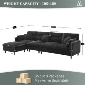 ONEMMLION L Shape Sectional Cloud Couches for Living Room, 110" Comfy Modular Sectional Sofa with Ottoman, Modern Fluffy Chenille 5-Seater Convertible Sofa Set with Chaise Lounge, Black