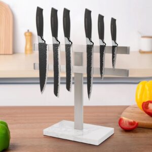 BathAce Magnetic Knife Block Holder Stand with Marble Base for Countertop, Stainless Steel Knife Rack with Strong Enhanced Magnets Strip for Kitchen Utensil and Tool Organizers, Brushed Nickel