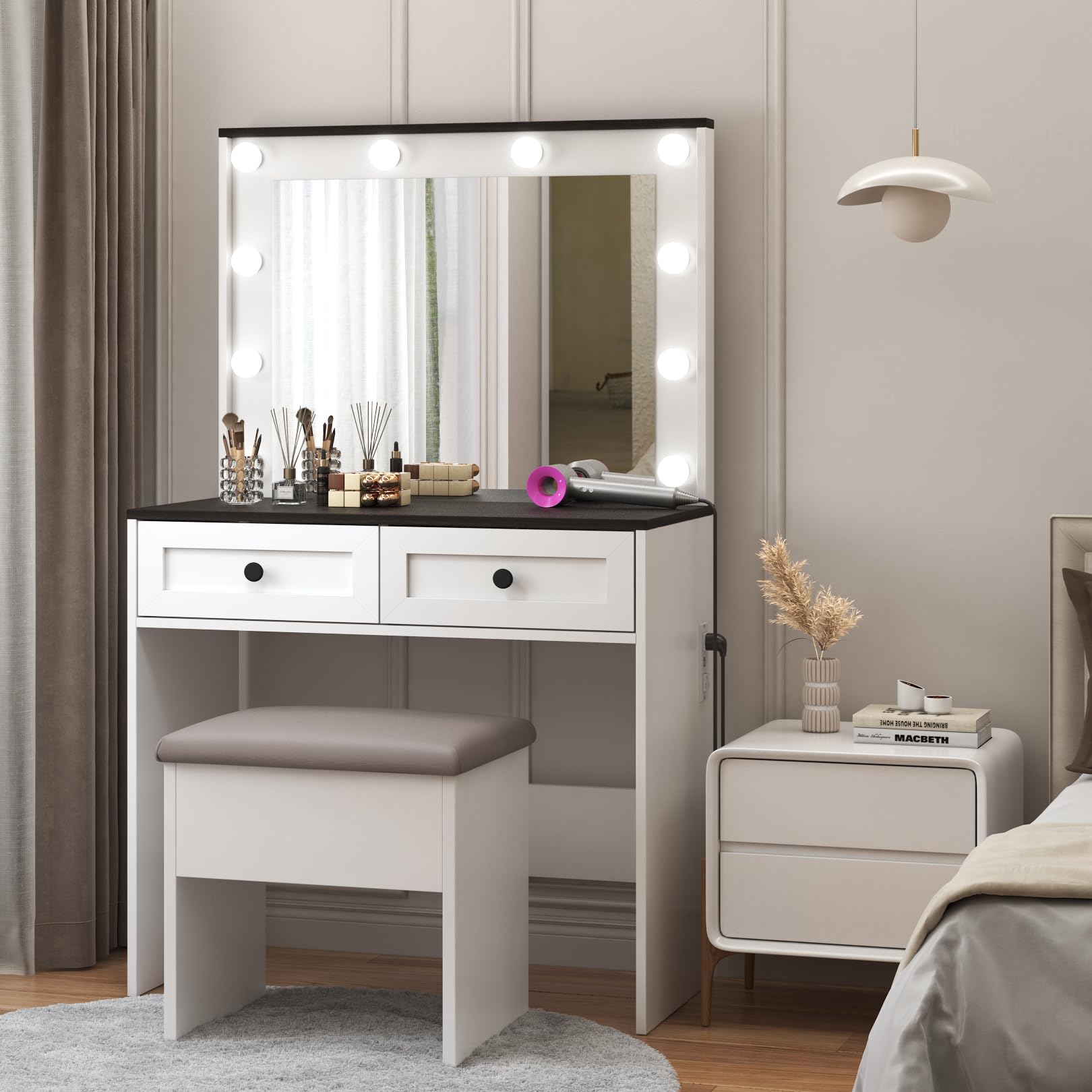 Makeup Vanity Desk with Mirror and Lights - 31.5'' White Vanity Set with Power Outlet & 2 Drawers, 3 Color Lighting Mode, Bedroom Small Space Vanity Table for Girl, Women, Storage Stool Included