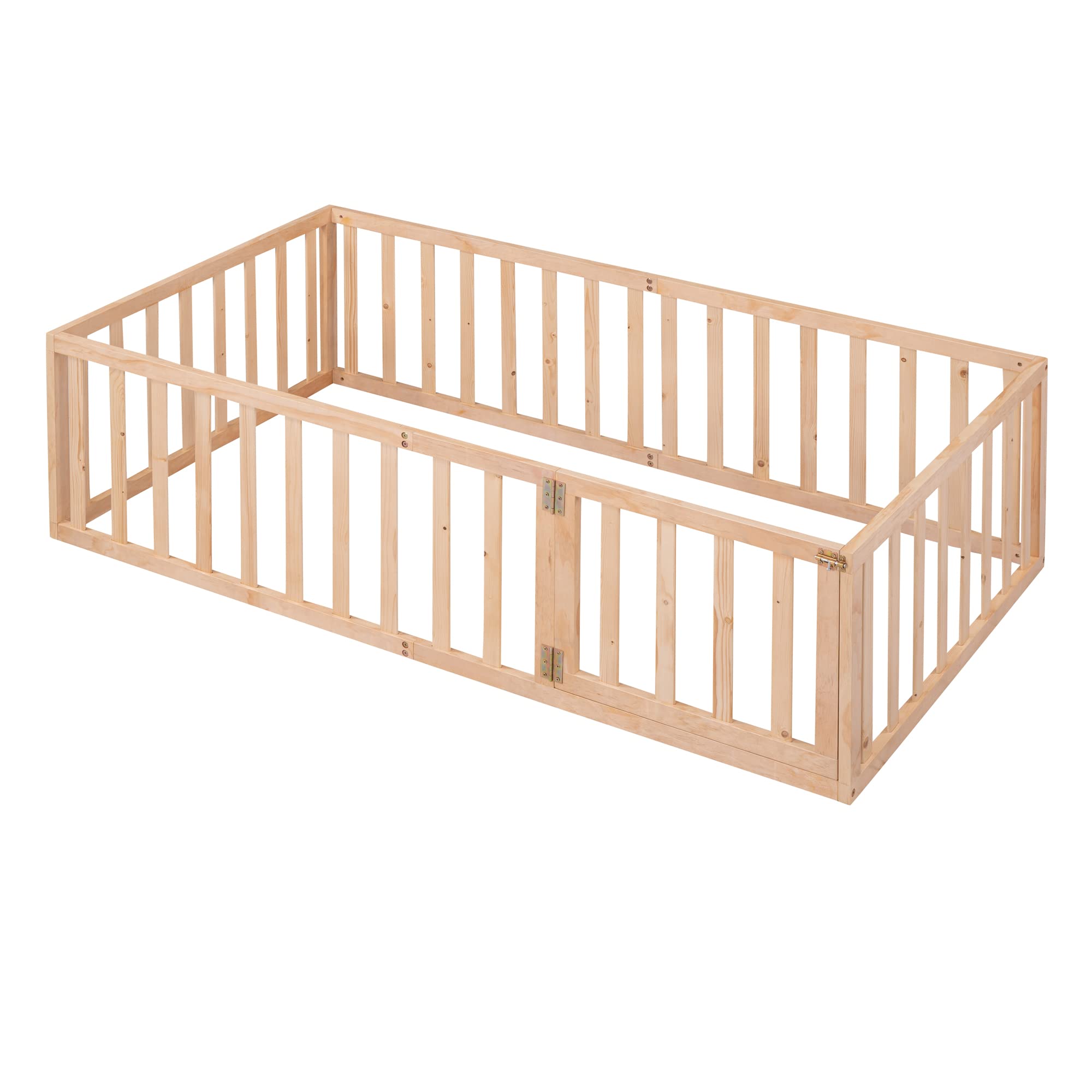 Bellemave Twin Floor Bed with Fence and Door, Kids Montessori Floor Bed Without Slats, Cute Montessori Bed for Kids, Girls, Boys, Wodd Floor Bed(Natural Twin)