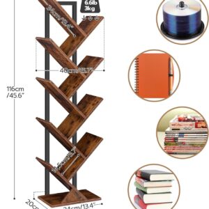 Hupillyur Tree Bookshelf - 9 Shelf Retro Floor Standing Bookcase, Tall Wood Book Storage Rack for CDs/Movies/Books, Utility Book Organizer Shelves for Bedroom, Living Room, Home Office