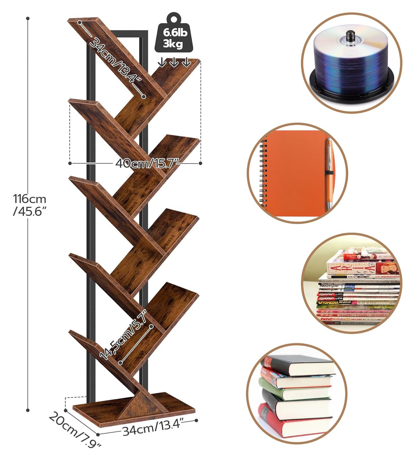 Hupillyur Tree Bookshelf - 9 Shelf Retro Floor Standing Bookcase, Tall Wood Book Storage Rack for CDs/Movies/Books, Utility Book Organizer Shelves for Bedroom, Living Room, Home Office