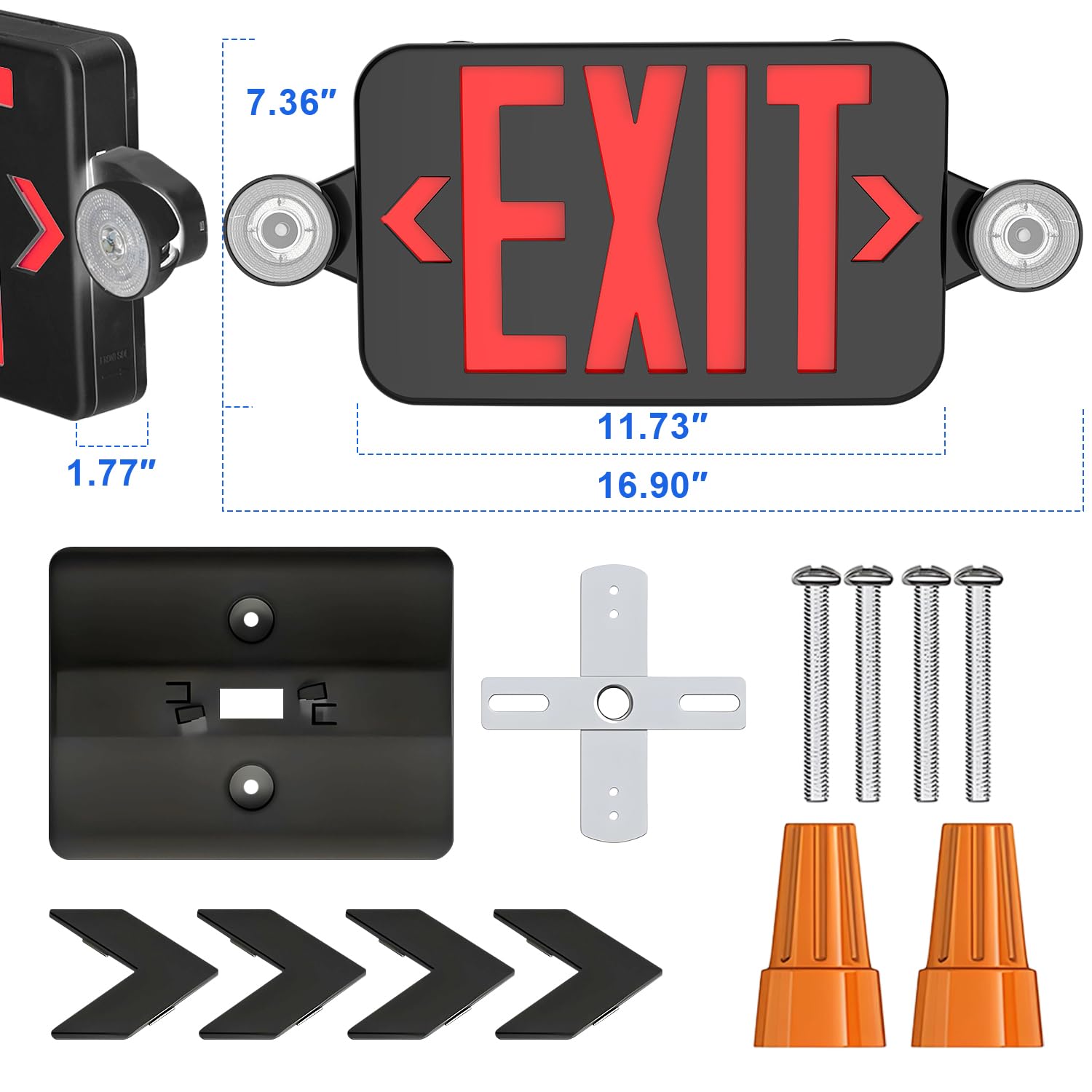 Black LED Exit Sign with Emergency Lights, Adjustable Two LED Head Exit Light with Battery Backup, UL Listed, AC 120/277V, Double Sided Hard Wired Commercial Emergency Light for Business (4 Pack)