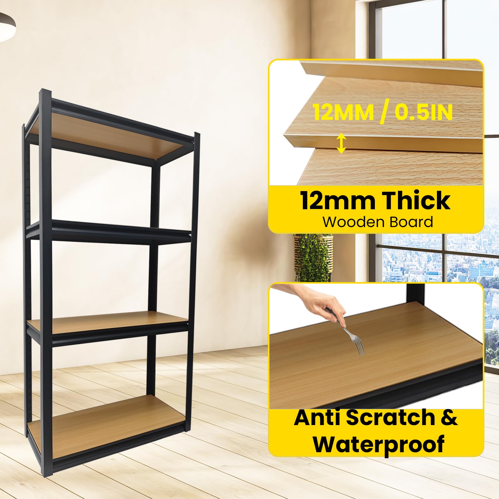 WRSTER-TECH Storage Shelf 4 Tier Adjustable Garage Storage Organizer, Heavy Duty Metal Storage Utility Rack Shelving with Thicken Wooden Board for Kitchen Warehouse Pantry Closet Office