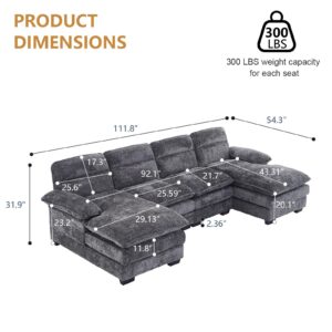 111" Cloud Couch,Modular Sectional Sofa, Convertible U Shaped Sofa Couch,4 Seat Chenille Sleeper Sofa with Chaise Lounge Upholstery Double Cushions Deep Seat Sleeper Couch for Living Room