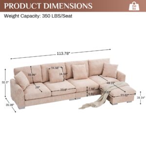 Wrofly Oversized L Shaped Sectional Sofa Couch, 113" Comfy Chenille Upholstered 5 Seat Modular Sofa Set with Convertible Ottoman, Modern Deep Seat Cloud Couch for Living Room Office, Pink