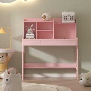 SANYOAC Adjustable Height Kids Desk and Chair Set 5-8 Year Old, Wooden Study Table for Kids, Student Study Desks Art Desk for Bedroom Study Room (Peach Pink)