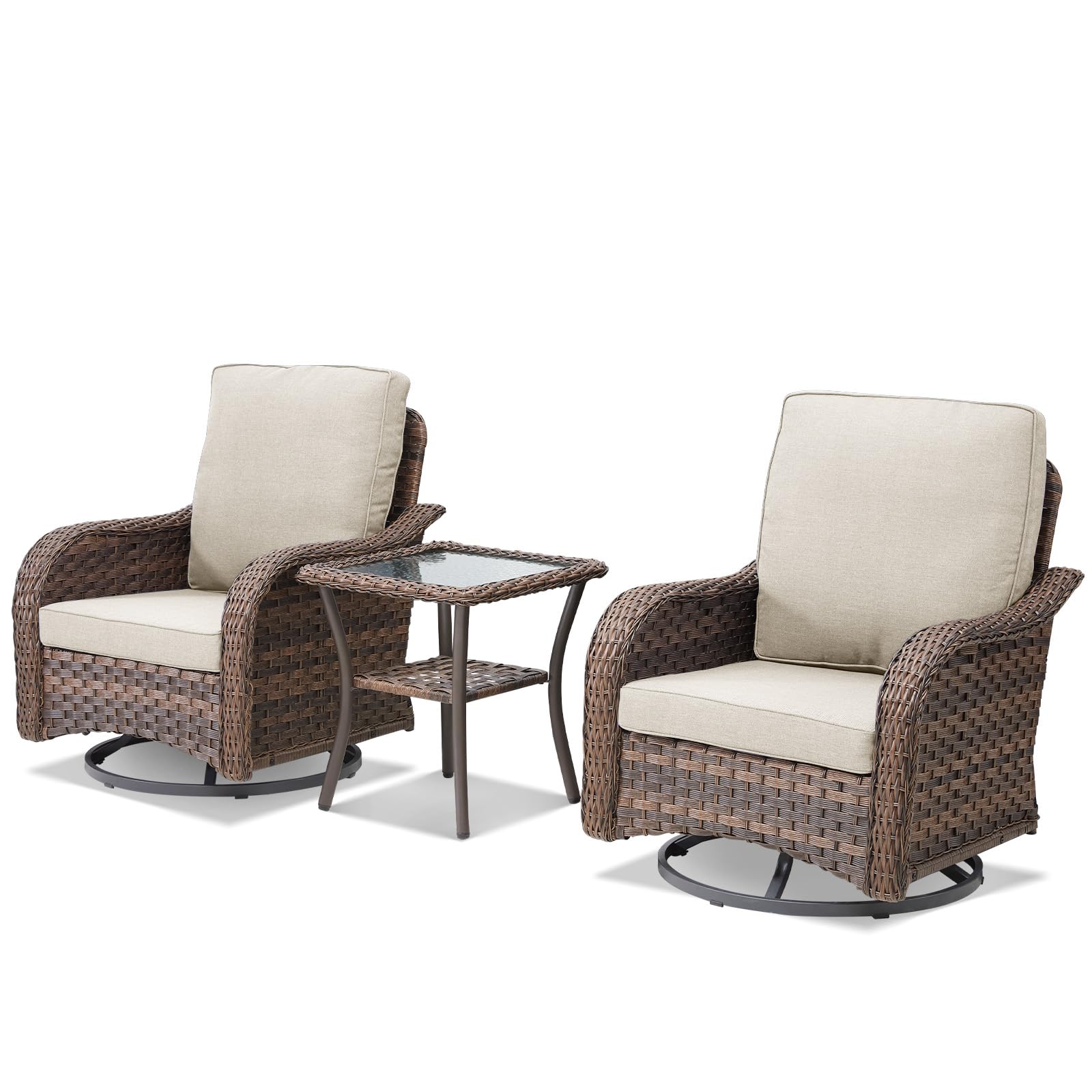 LUMIINOFAMI Swivel Rocker Patio Chairs, Rocker Swivel Patio Set 3 Piece with Side Table, Deep Seat Outdoor Patio Furniture Rattan Rocking Chair with Cushions for Porch Deck Garden(Beige Cushion)