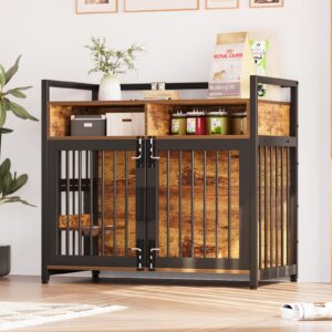 Dog Crate Furniture, 48" Heavy Duty Dog Kennel with 2 Drawers End Table, Double Doors, 360°and Adjustable Raised Feeder,Indoor Dog House End Table,Heavy Duty Dog Kennel for Large/Medium Dog Indoor