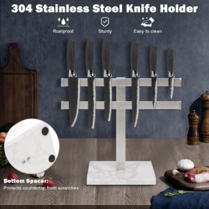 BathAce Magnetic Knife Block Holder Stand with Marble Base for Countertop, Stainless Steel Knife Rack with Strong Enhanced Magnets Strip for Kitchen Utensil and Tool Organizers, Brushed Nickel