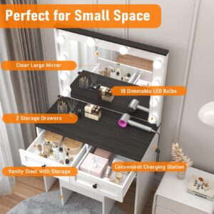 Makeup Vanity Desk with Mirror and Lights - 31.5'' White Vanity Set with Power Outlet & 2 Drawers, 3 Color Lighting Mode, Bedroom Small Space Vanity Table for Girl, Women, Storage Stool Included