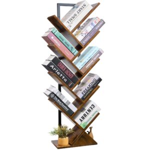 hupillyur tree bookshelf - 9 shelf retro floor standing bookcase, tall wood book storage rack for cds/movies/books, utility book organizer shelves for bedroom, living room, home office