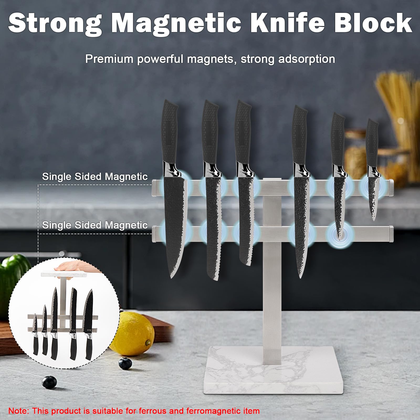 BathAce Magnetic Knife Block Holder Stand with Marble Base for Countertop, Stainless Steel Knife Rack with Strong Enhanced Magnets Strip for Kitchen Utensil and Tool Organizers, Brushed Nickel