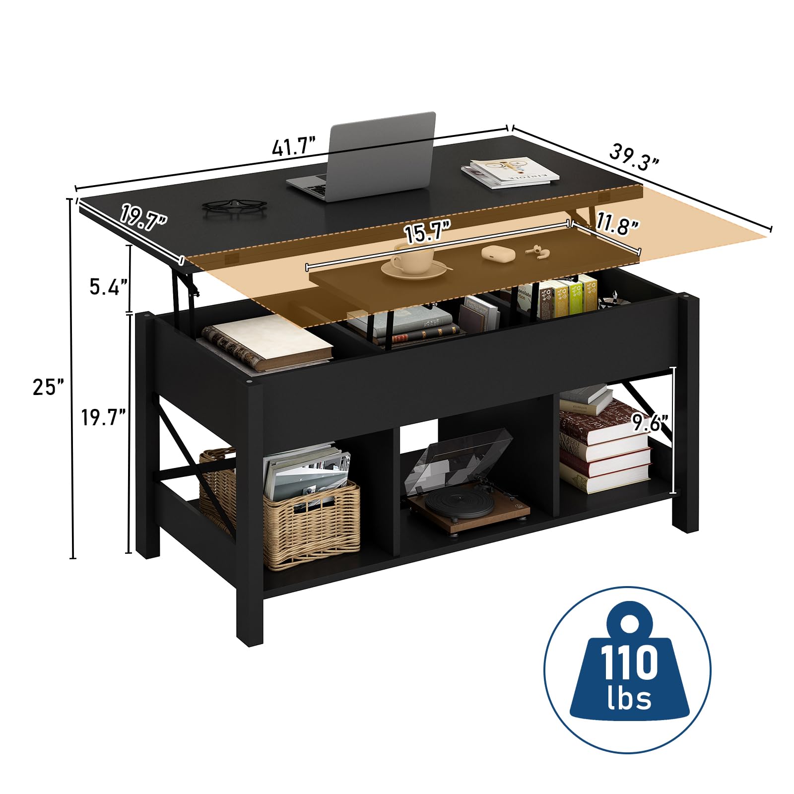 Hlivelood Lift Top Coffee Table, 4 in 1 Living Room Multi-Function LED Table with Charging Station&LED Lights, Farmhouse Convertible Lift Center Table w/Storage and Hidden Compartmen