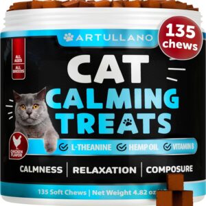 hemp cat calming treats - cat anxiety relief - storm anxiety, Сomposure, grooming, separation, travel - calming aid for cats with hemp oil, l-theanine - cat melatonin - made in usa - 135 soft chews