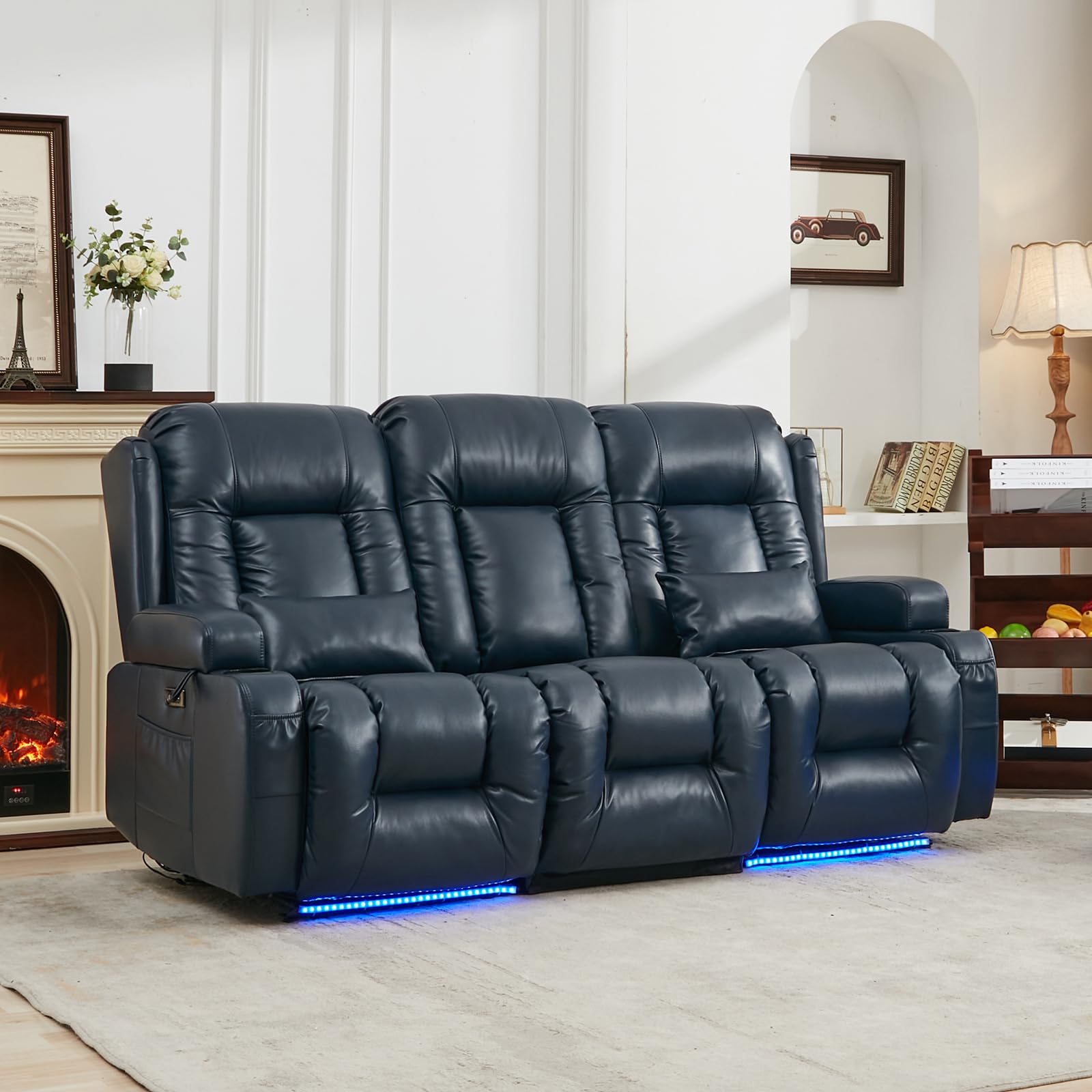 IPKIG Power Loveseat Recliner - 76.8" Reclining Loveseat 3-Seater Recliner Sofa with 4 Colors LED Strip, AC Outlets, USB-A/C Ports and Cup Holders for Living Room Home Theater (Blue, 3-Seater)