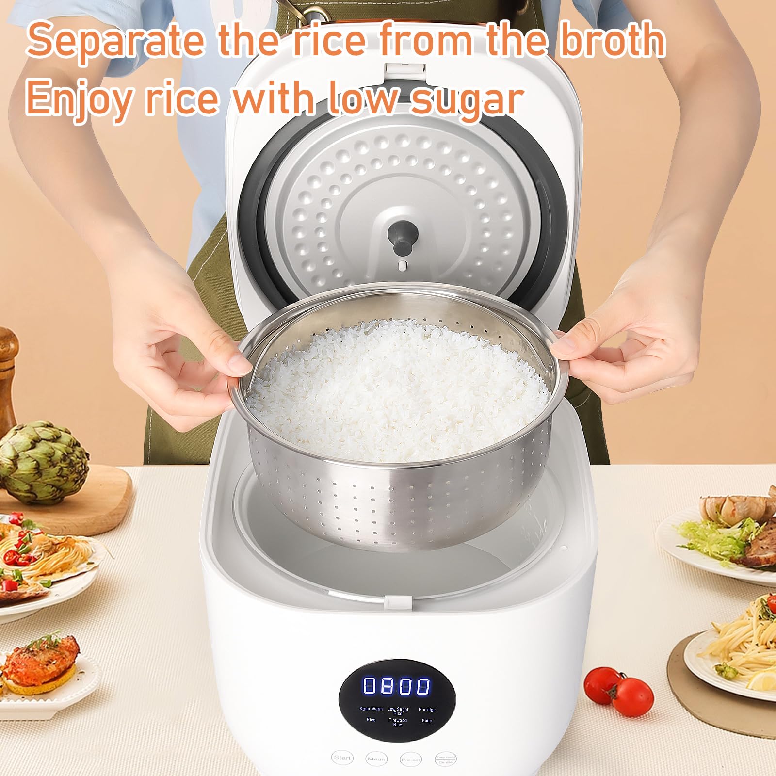 Small Low Carb Rice Cooker 6 Cup, Electric Mini Rice Cooker with Steamer Basket, Smart Rice Cooker Reducing Sugar (White)