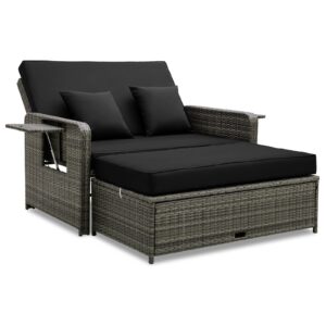 relax4life wicker patio outdoor daybed - rattan day bed lounger w/loveseat & storage ottoman, sunbed sofa set w/cushions, 4-level adjustable backrest & 2 retractable trays, patio daybed (black-grey)