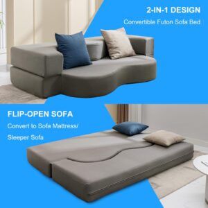 PUREMIND 2-in-1 Queen Folding Floor Sofa Bed, Fold Out Floor Sleeper Sofa Couch Bed for Living Room/Guest Room/Home Office/Van Trip Light Grey