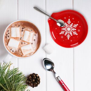 JarThenaAMCS 4.7inch Christmas Ceramic Spoon Rest Red White Snowflake Small Coffee Spoon Holder for Winter Xmas Coffee Stirrers Teaspoon Bar Coffee Station Accessories