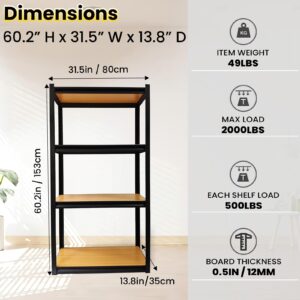 WRSTER-TECH Storage Shelf 4 Tier Adjustable Garage Storage Organizer, Heavy Duty Metal Storage Utility Rack Shelving with Thicken Wooden Board for Kitchen Warehouse Pantry Closet Office