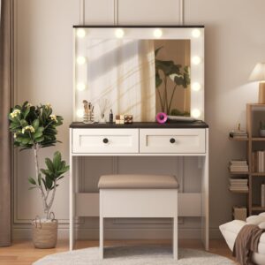 makeup vanity desk with mirror and lights - 31.5'' white vanity set with power outlet & 2 drawers, 3 color lighting mode, bedroom small space vanity table for girl, women, storage stool included