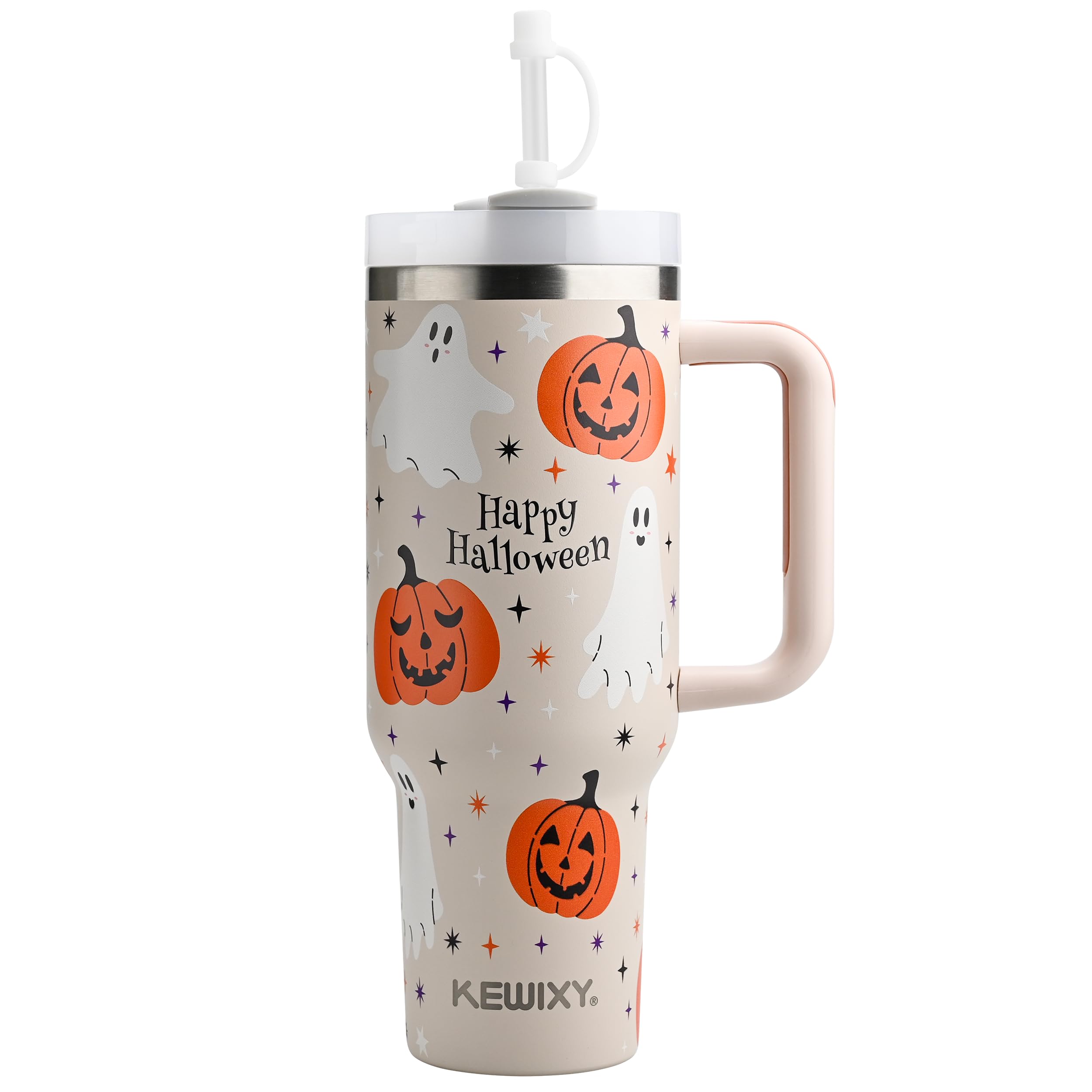 KEWIXY Halloween Ghost 40 Oz Tumbler With Handle and Straw, Stainless Steel Double Walled Vacuum Insulated Cup, Holiday Gifts for Women Men (Cute Ghost)